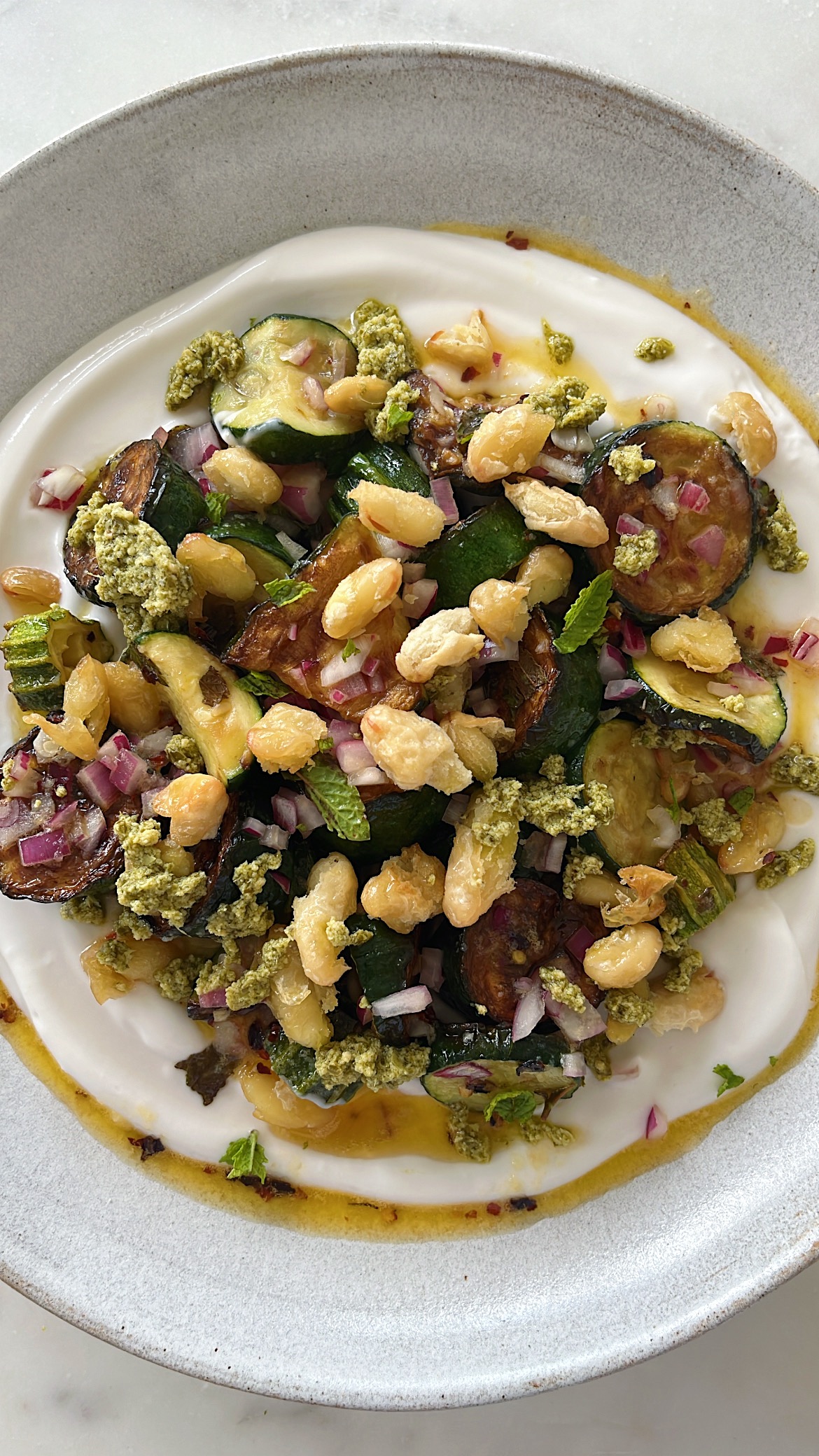 Charred Courgettes with Crispy Beans & Yoghurt | Veganuary
